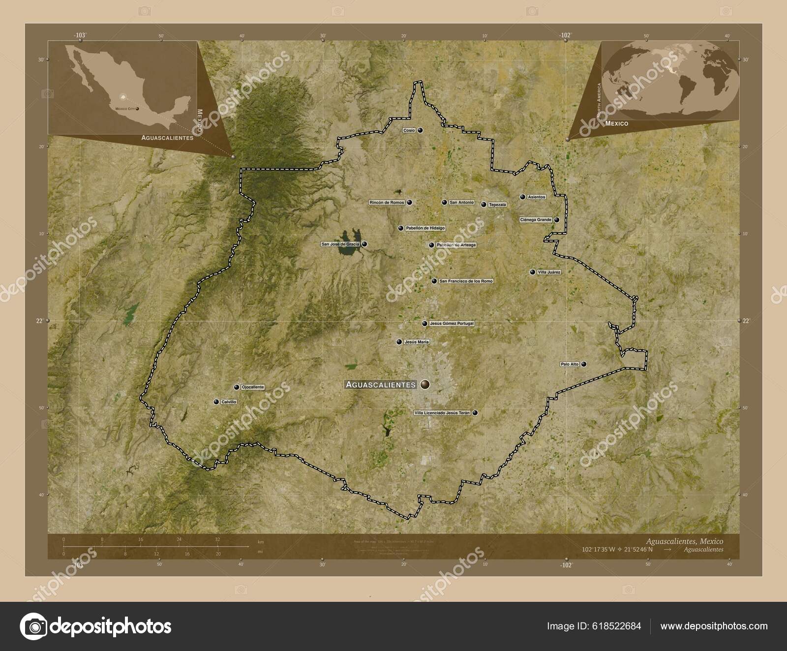 Aguascalientes State Mexico Low Resolution Satellite Map Locations ...
