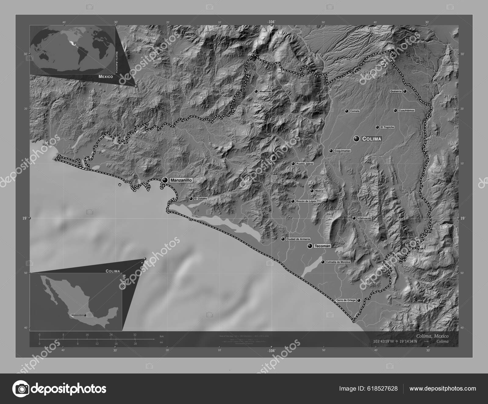 Colima State Mexico Bilevel Elevation Map Lakes Rivers Locations Names ...