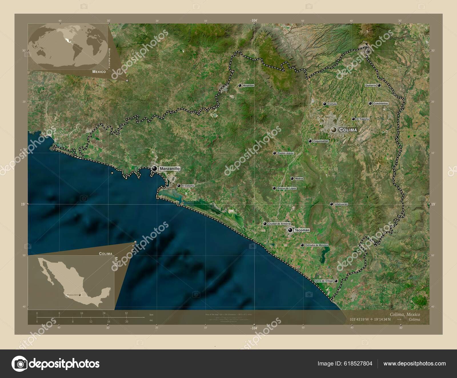 Colima State Mexico High Resolution Satellite Map Locations Names Major ...