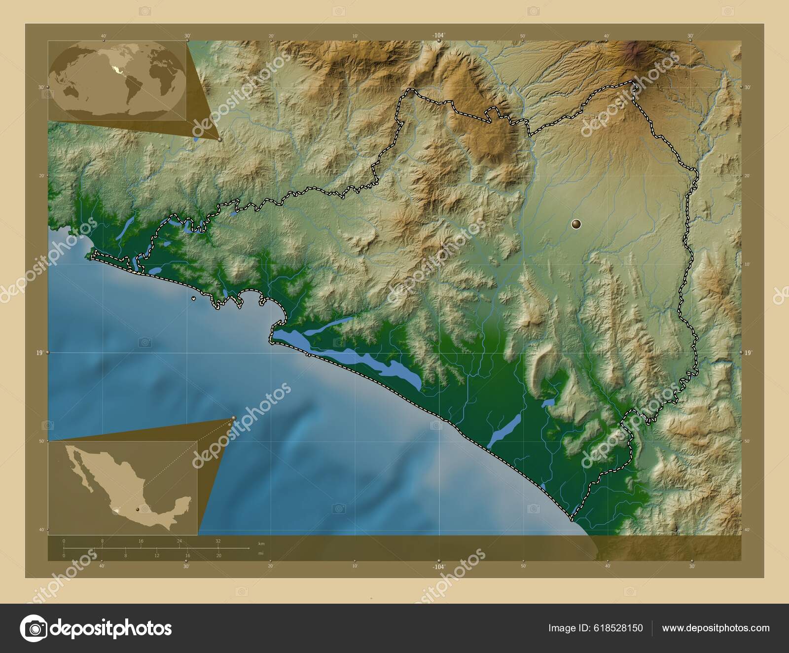 Colima Estado México Mapa Elevación Colores Con Lagos Ríos Mapas — Foto ...