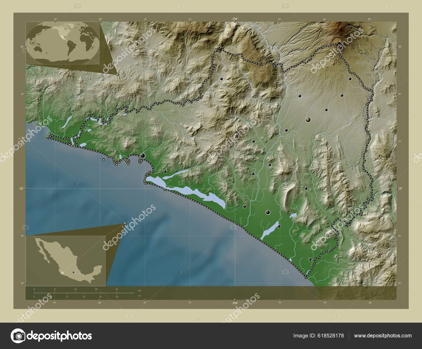Colima State Mexico Elevation Map Colored Wiki Style Lakes Rivers ...
