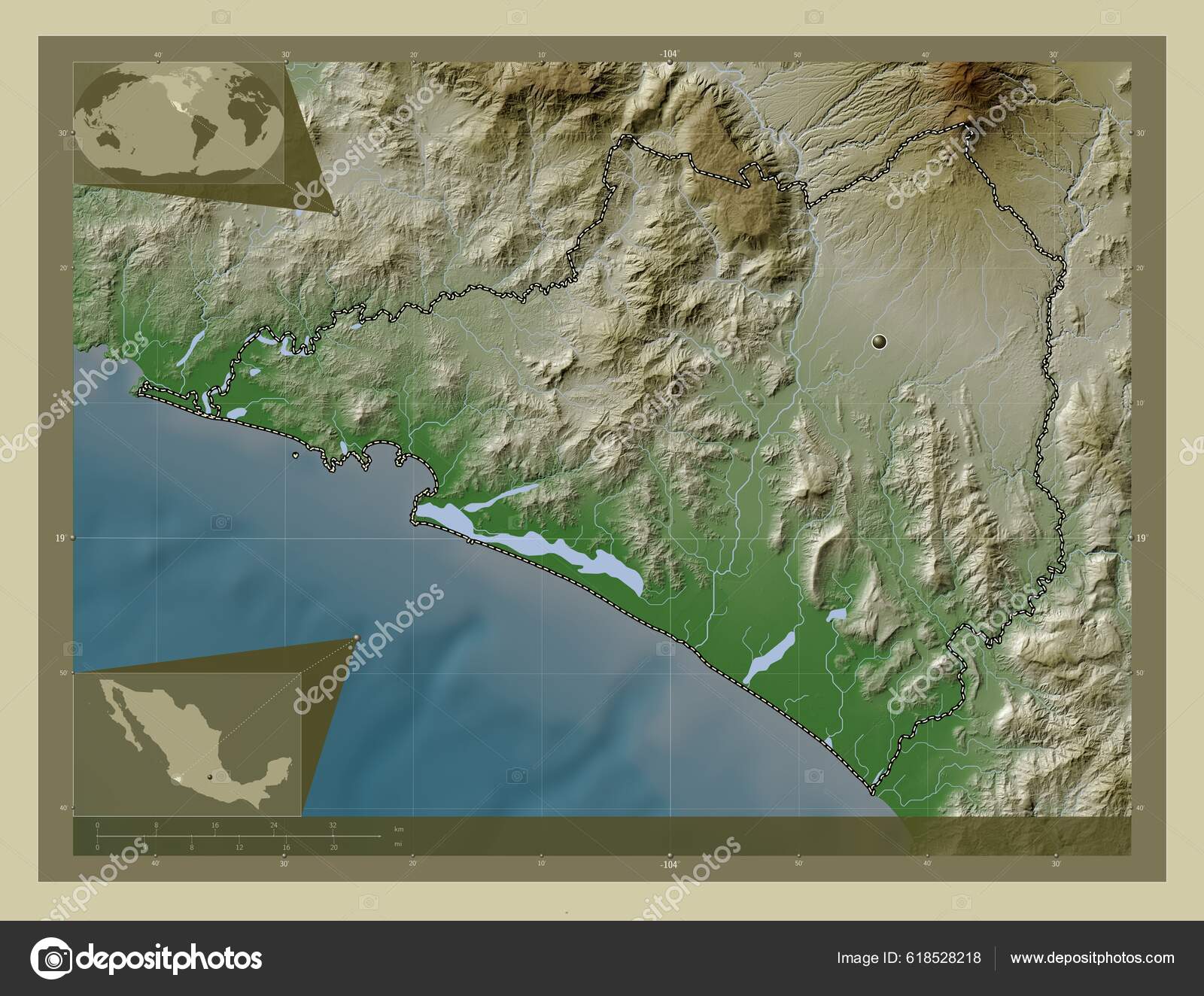 Colima State Mexico Elevation Map Colored Wiki Style Lakes Rivers ...
