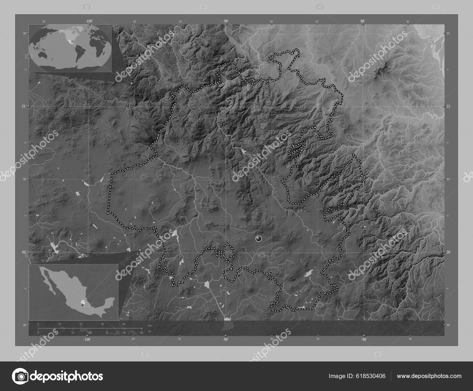 Hidalgo State Mexico Grayscale Elevation Map Lakes Rivers Corner ...