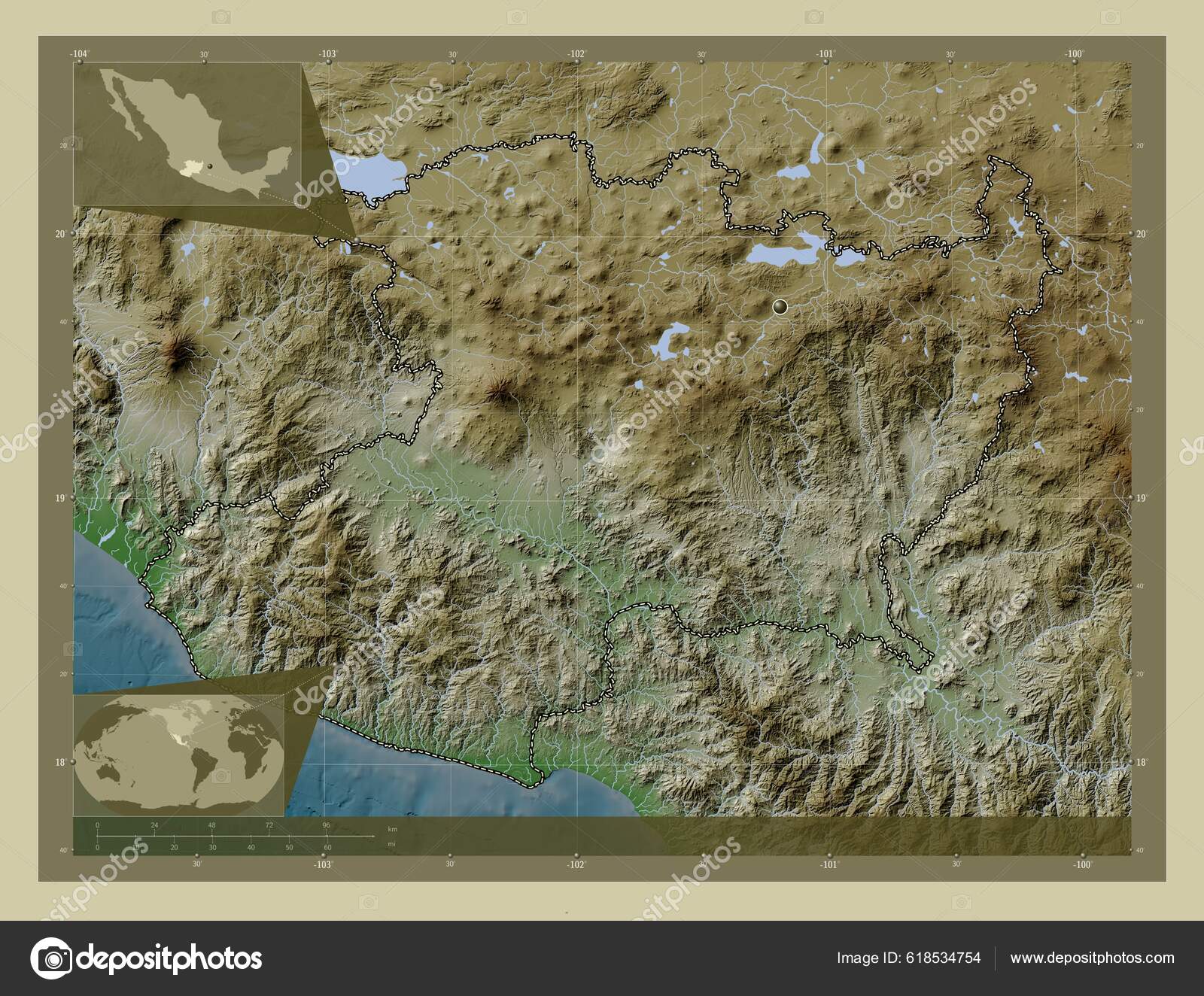 Michoacan State Mexico Elevation Map Colored Wiki Style Lakes Rivers ...