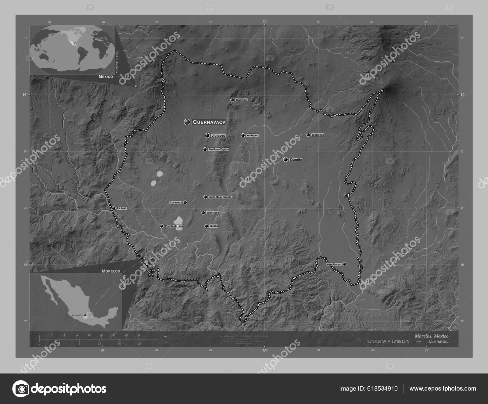 Morelos State Mexico Grayscale Elevation Map Lakes Rivers Locations ...