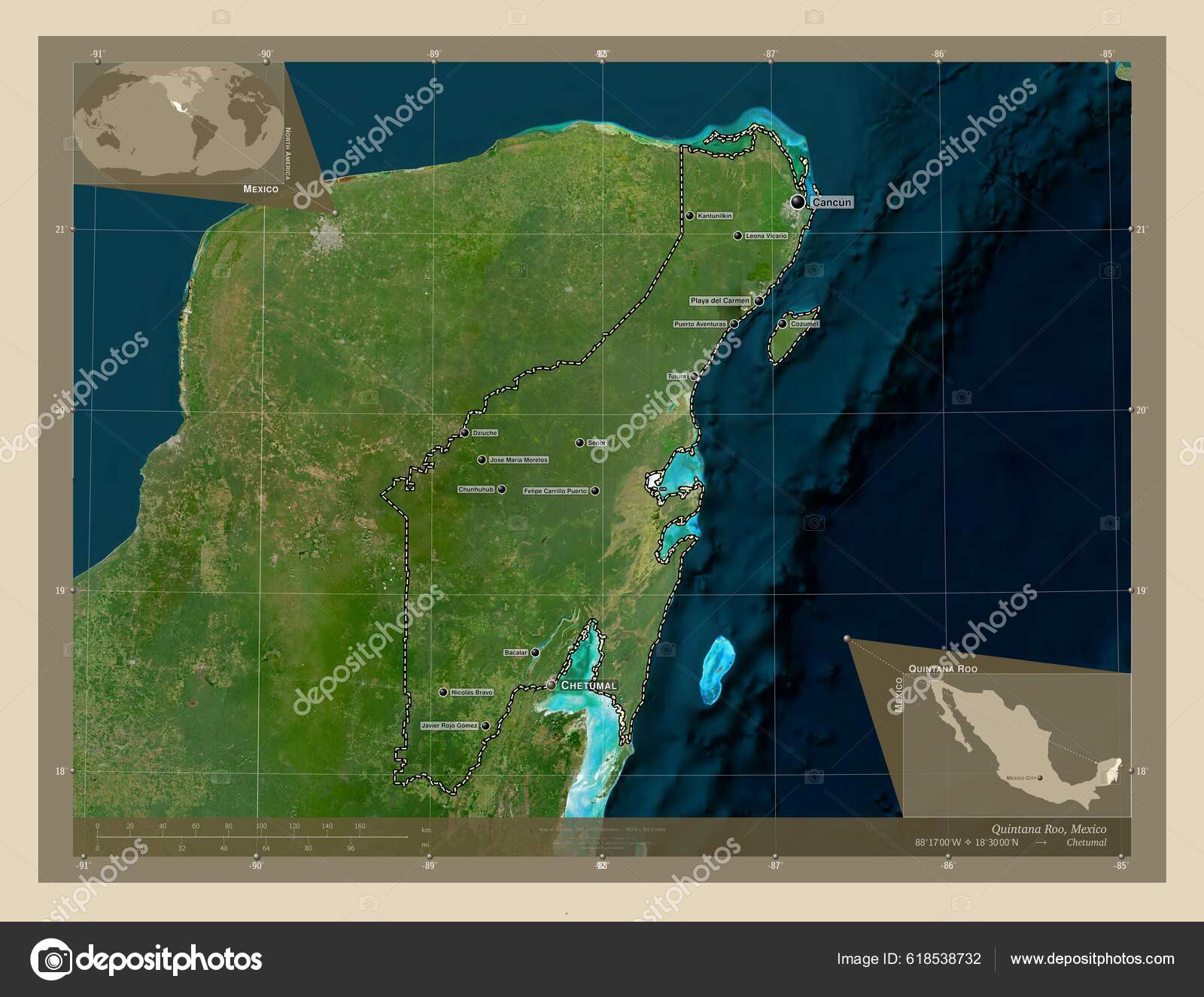 Quintana Roo State Mexico High Resolution Satellite Map Locations Names ...