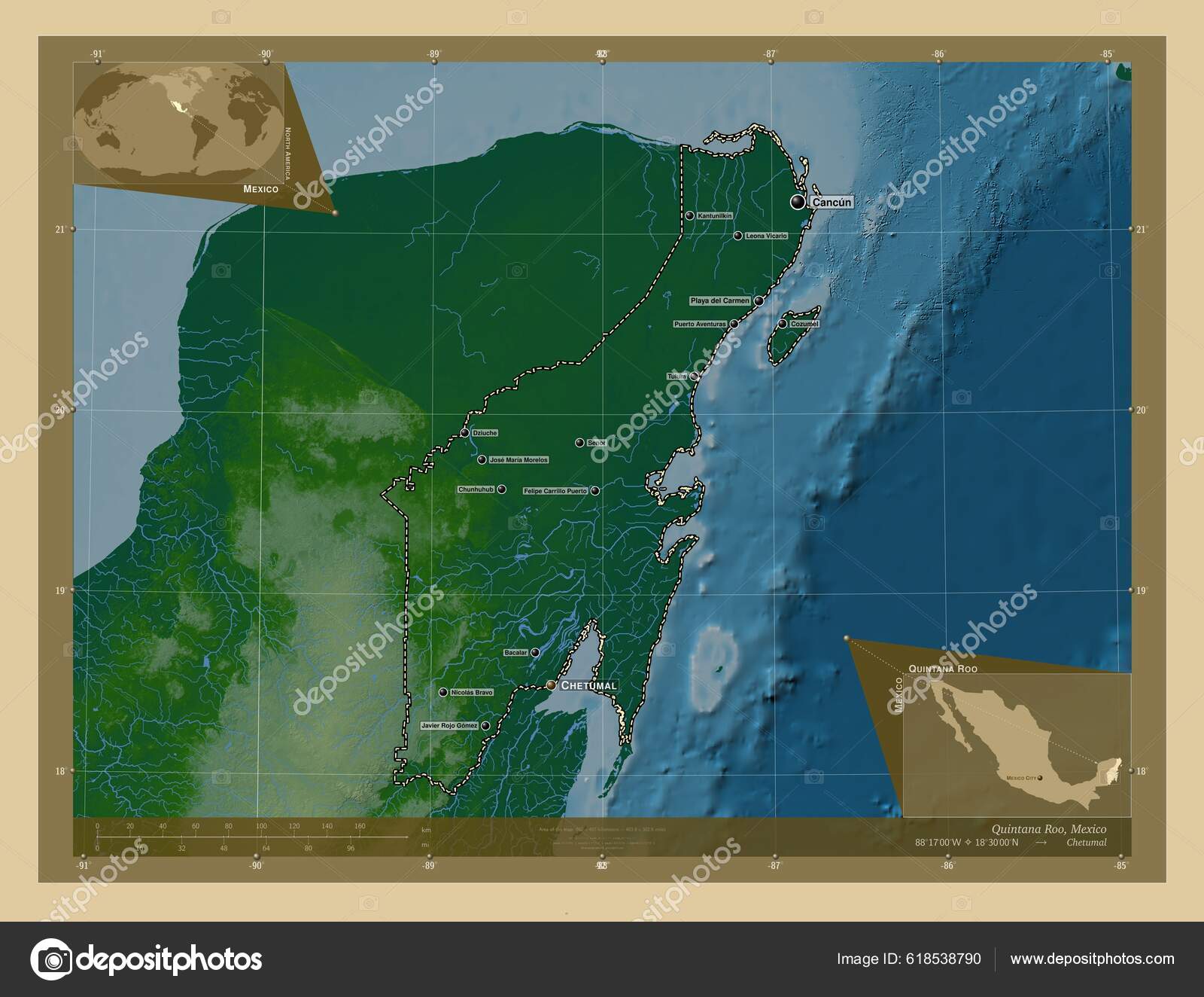 Quintana Roo State Mexico Colored Elevation Map Lakes Rivers Locations ...
