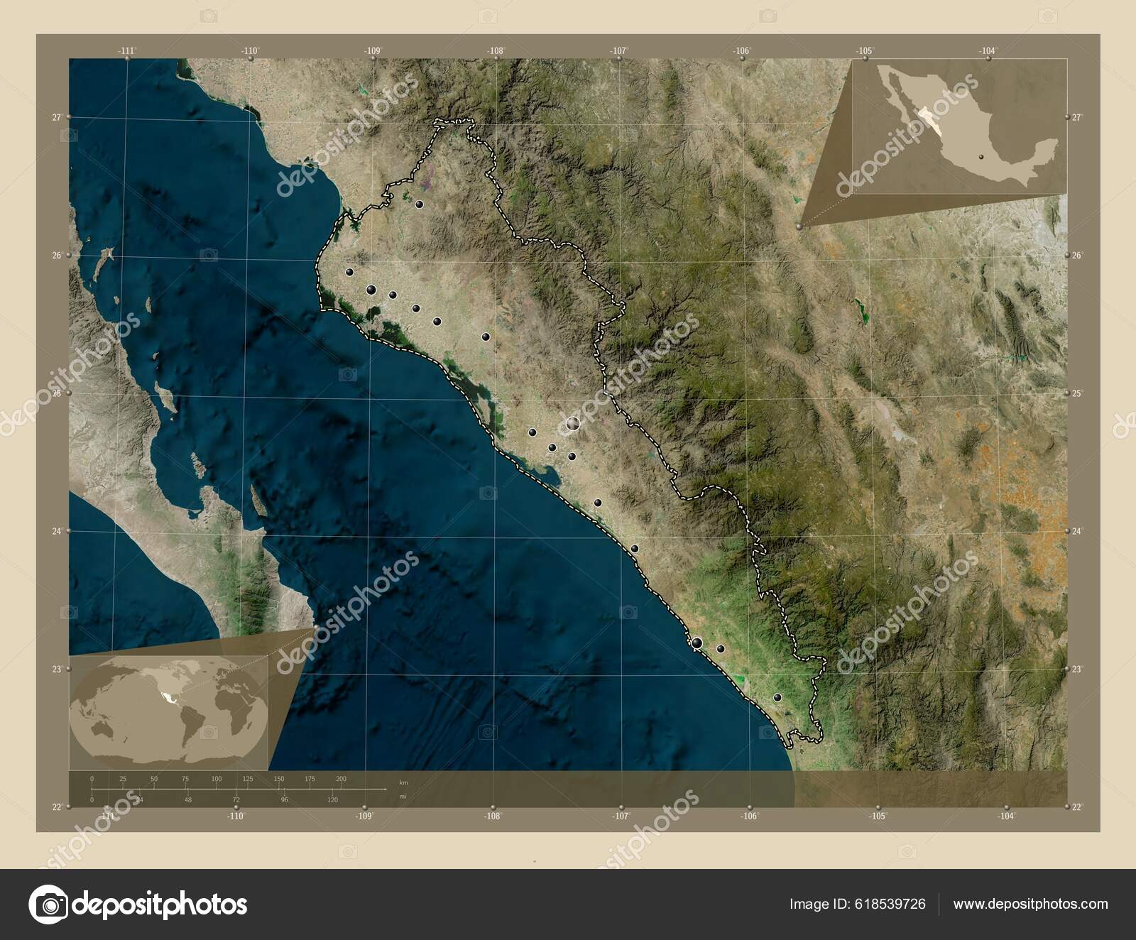 Sinaloa State Mexico High Resolution Satellite Map Locations Major ...