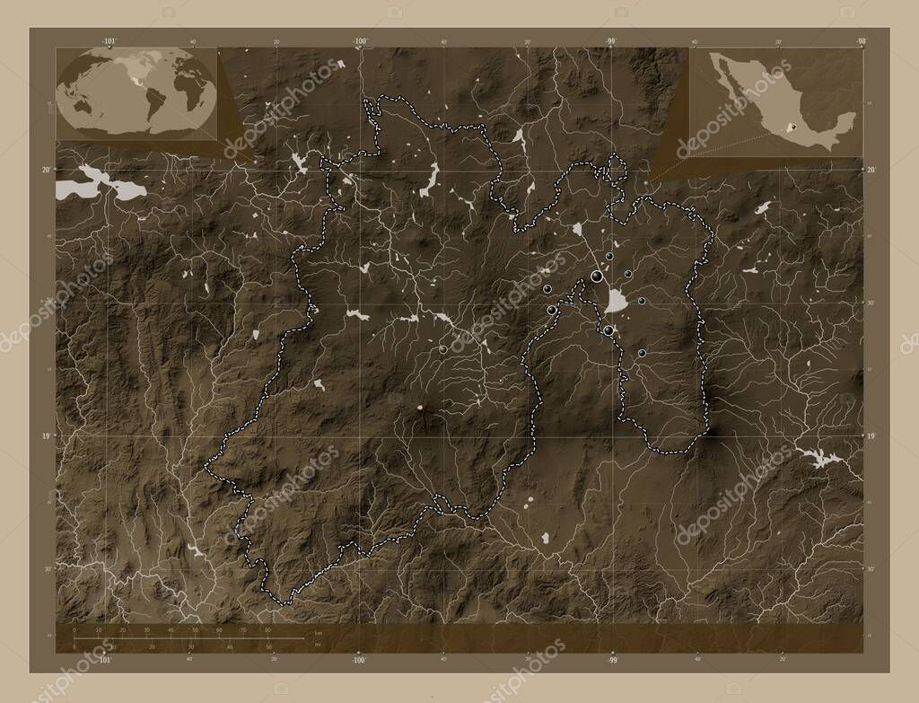 México, estado de México. Mapa de elevación coloreado en tonos sepia ...