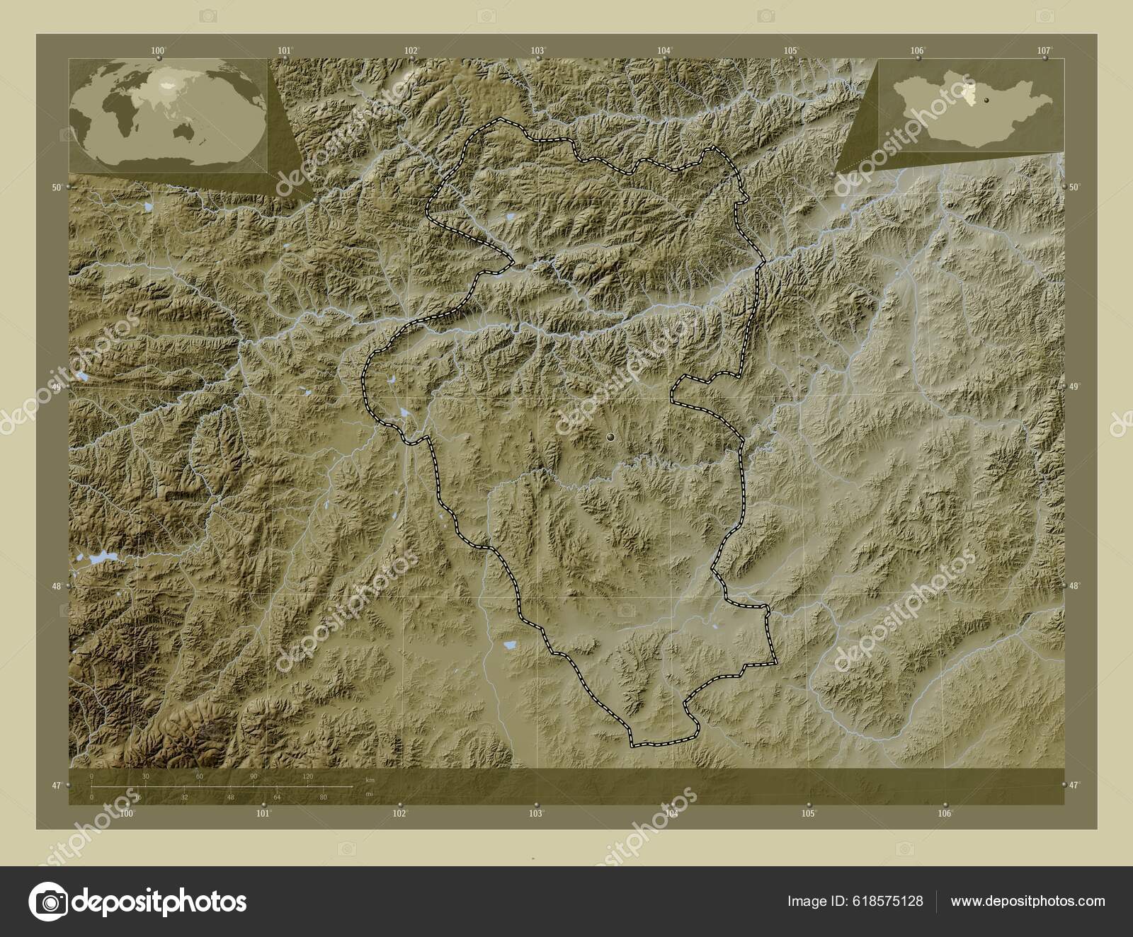 Bulgan Province Mongolia Elevation Map Colored Wiki Style Lakes Rivers ...