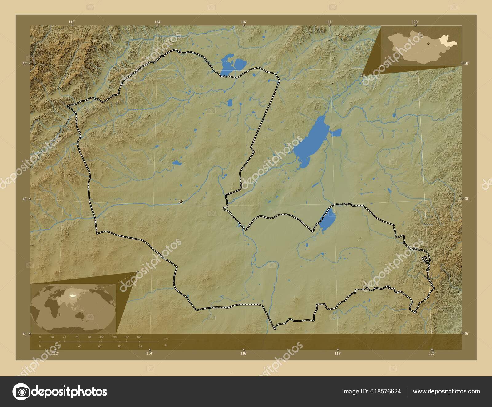 Dornod Province Mongolia Colored Elevation Map Lakes Rivers Corner ...