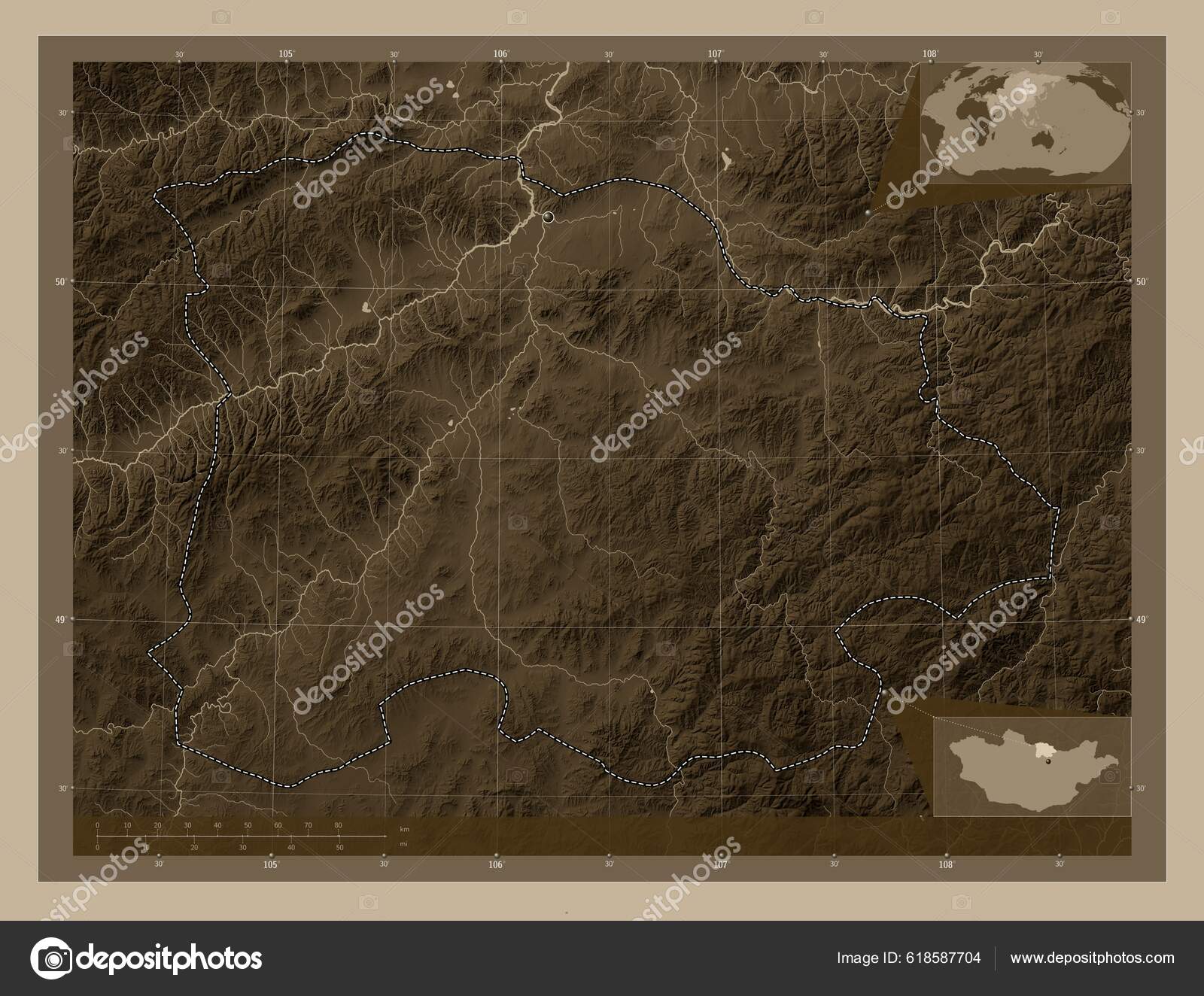 Selenge Province Mongolia Elevation Map Colored Sepia Tones Lakes ...