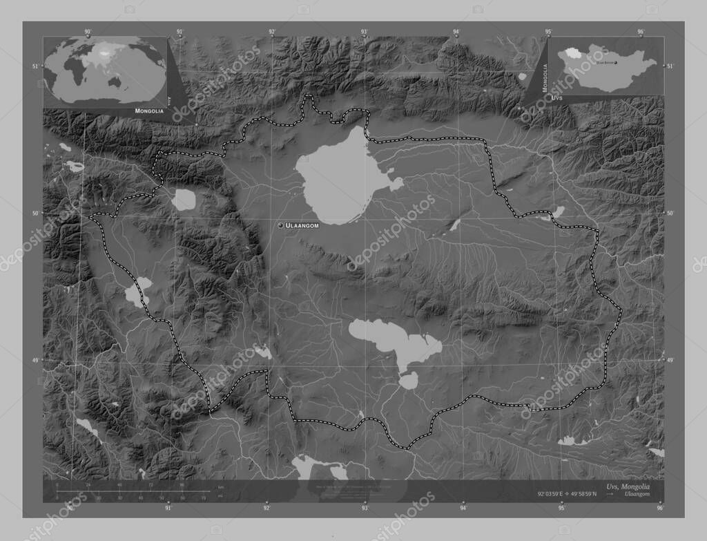 Uvs, provincia de Mongolia. Mapa de elevación a escala de grises con ...