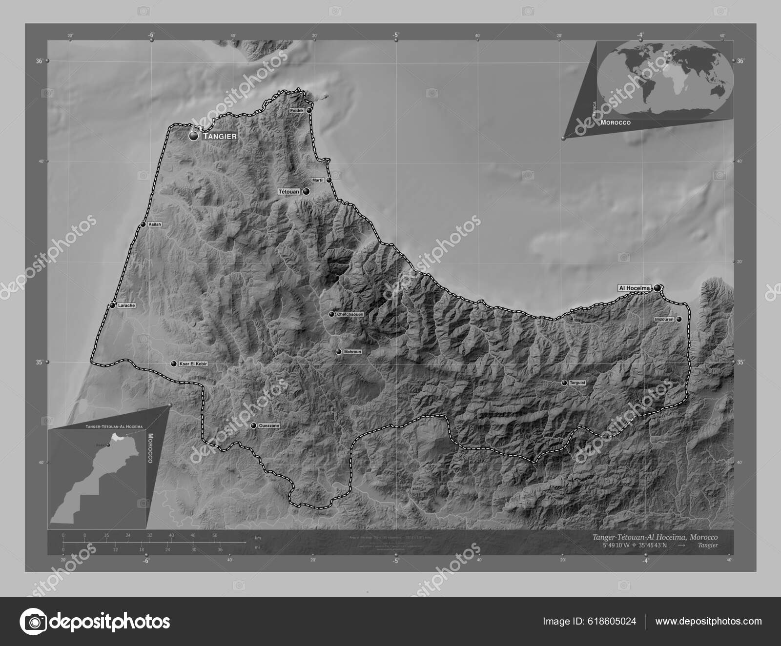 Tanger Tetouan Hoceima Región Marruecos Mapa Elevación Escala Grises ...