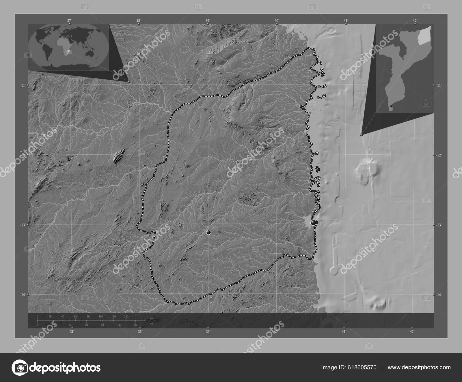 Cabo Delgado Province Mozambique Bilevel Elevation Map Lakes Rivers ...
