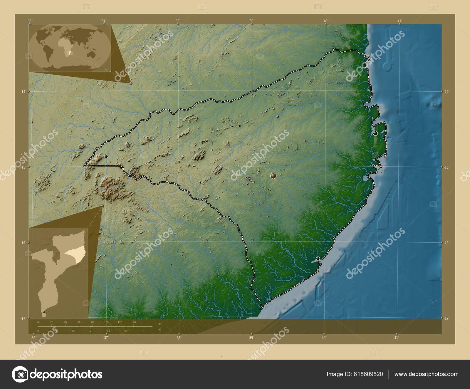Nampula Province Mozambique Colored Elevation Map Lakes Rivers ...