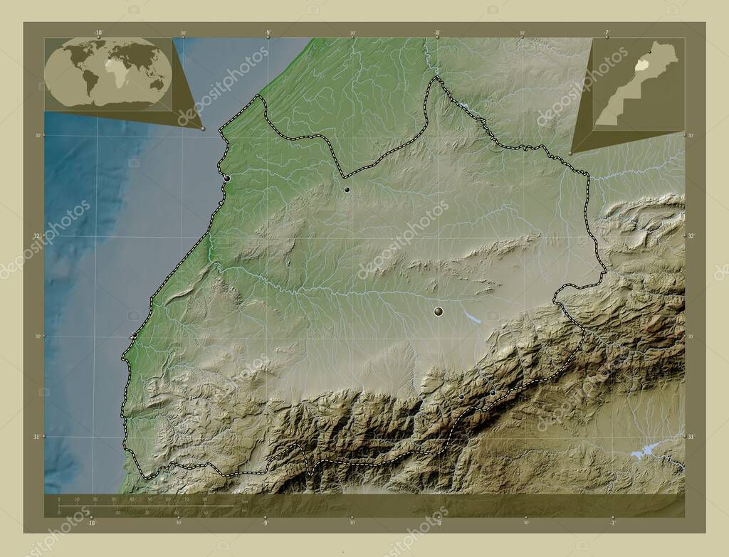 Marrakech-Safi, región de Marruecos. Mapa de elevación coloreado en ...