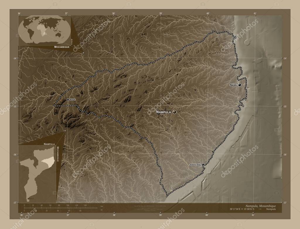 Nampula, provincia de Mozambique. Mapa de elevación coloreado en tonos ...