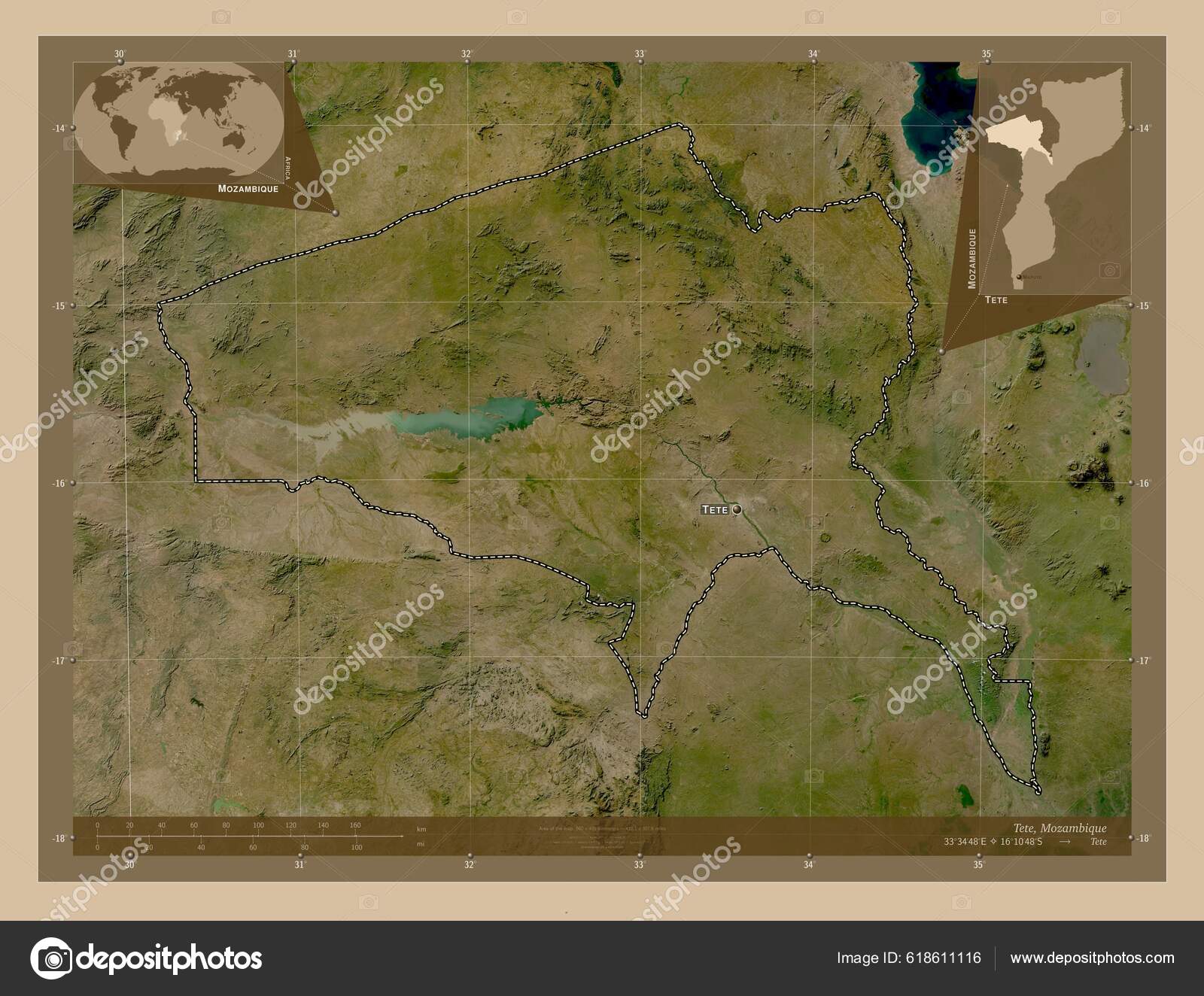 Tete Province Mozambique Low Resolution Satellite Map Locations Names ...