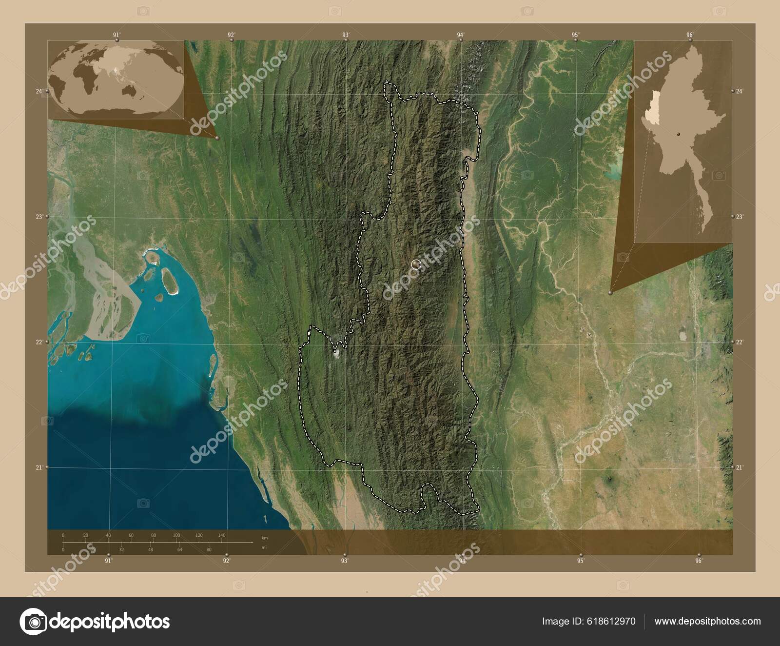 Chin State Myanmar Low Resolution Satellite Map Corner Auxiliary ...