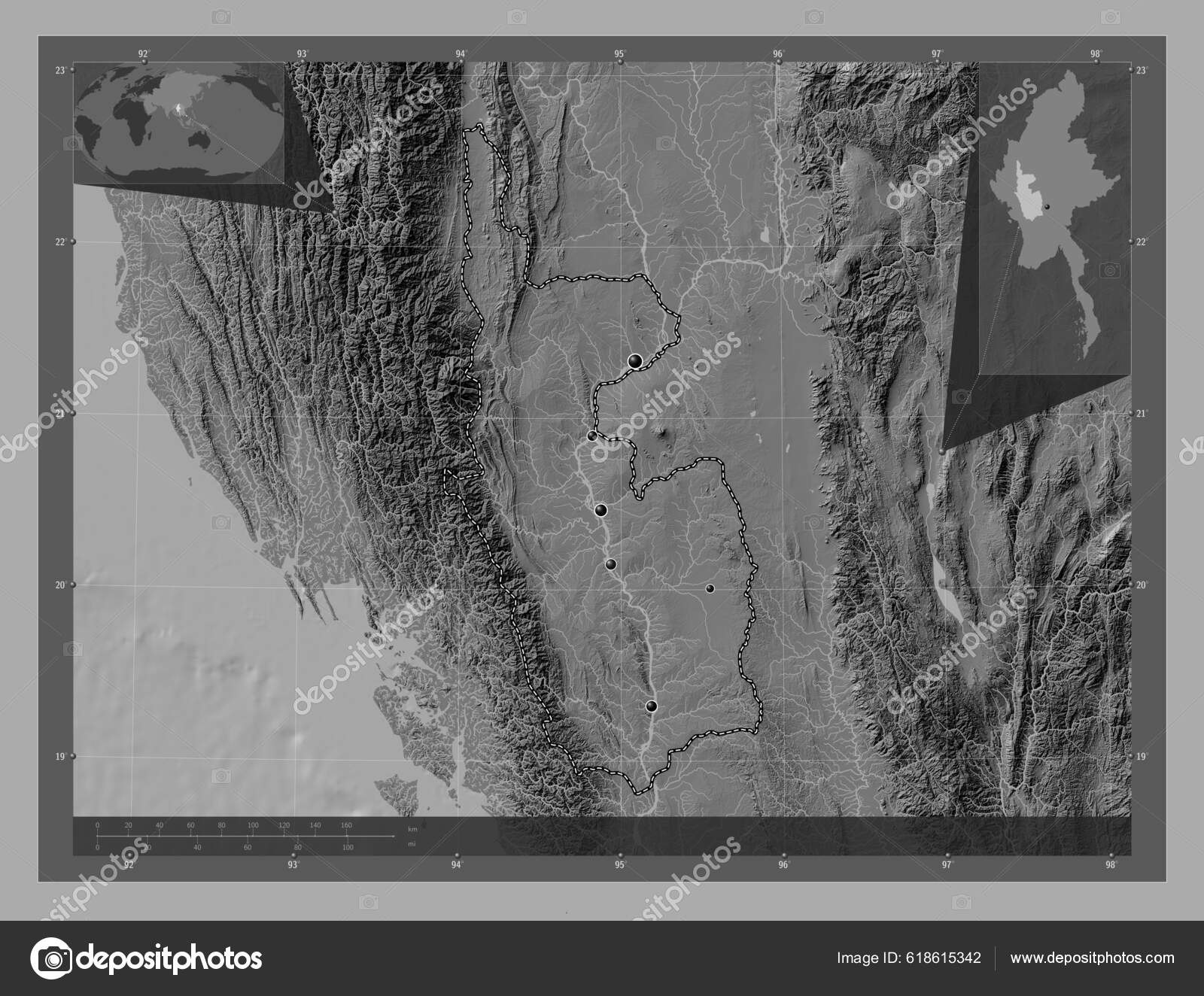 Magway Division Myanmar Bilevel Elevation Map Lakes Rivers Locations ...