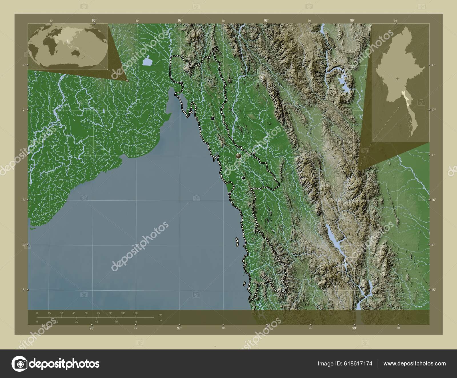 Mon State Myanmar Elevation Map Colored Wiki Style Lakes Rivers — Stock ...