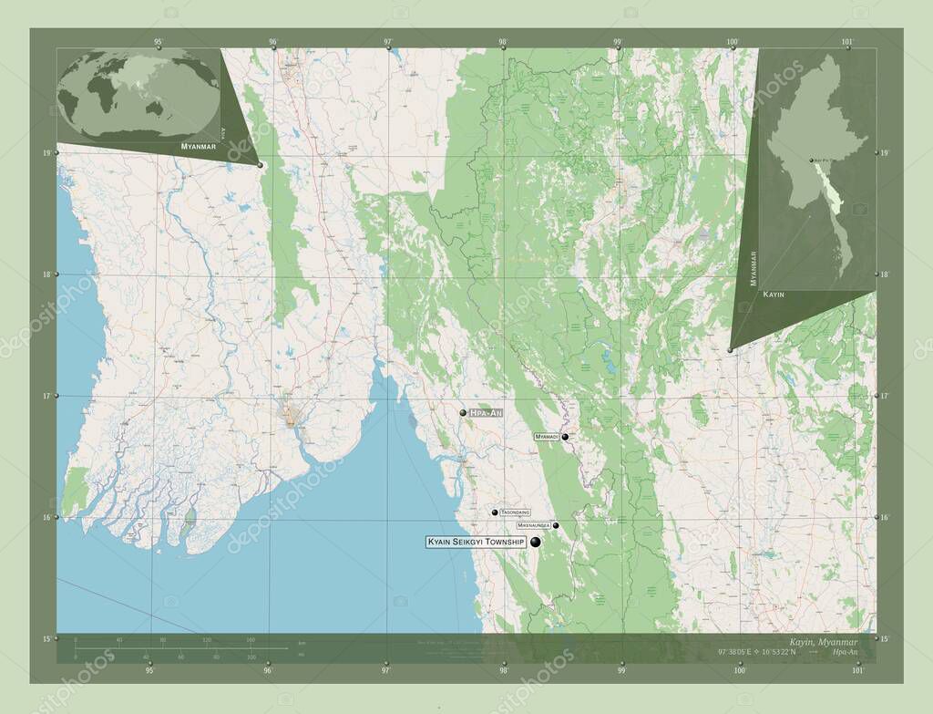 Kayin, estado de Myanmar. Open Street Map. Ubicaciones y nombres de las ...