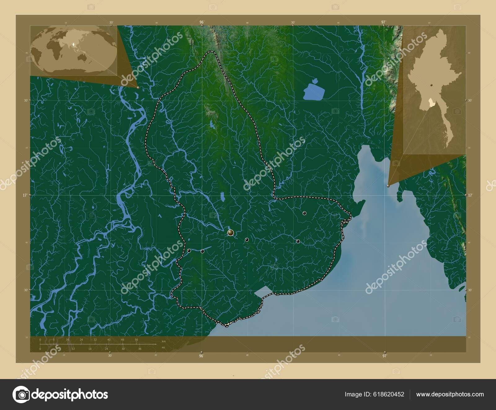 Yangon Division Myanmar Colored Elevation Map Lakes Rivers Locations ...