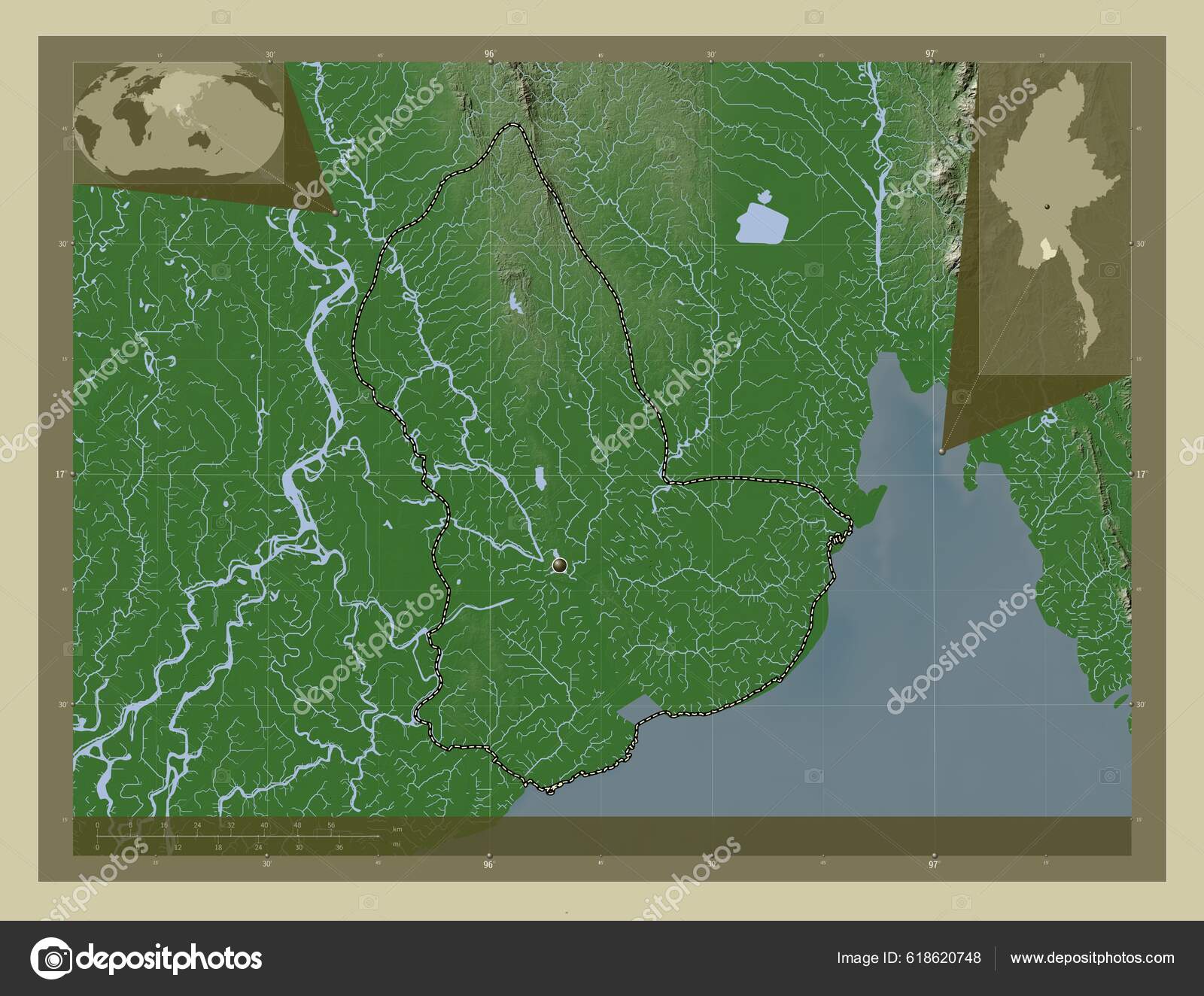 Yangon Division Myanmar Elevation Map Colored Wiki Style Lakes Rivers ...