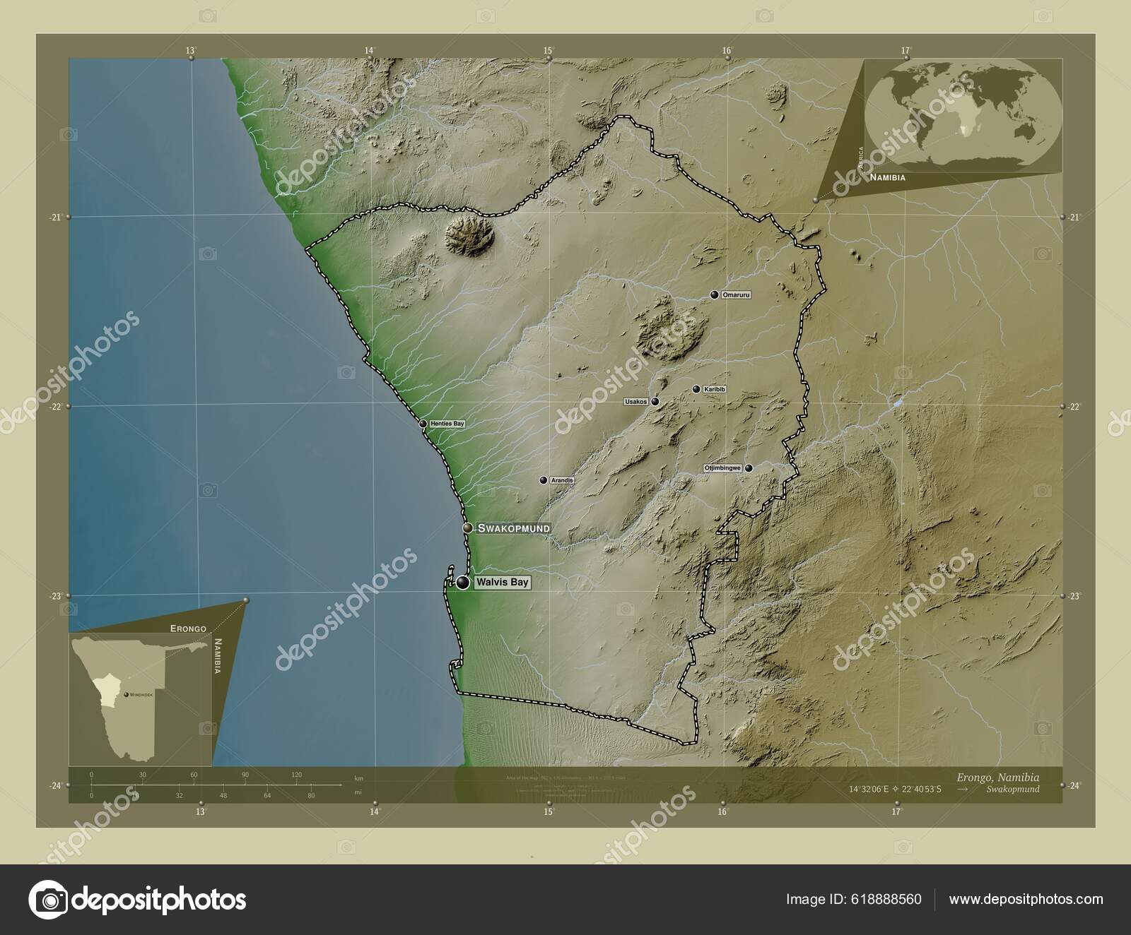 Erongo Region Namibia Elevation Map Colored Wiki Style Lakes Rivers ...