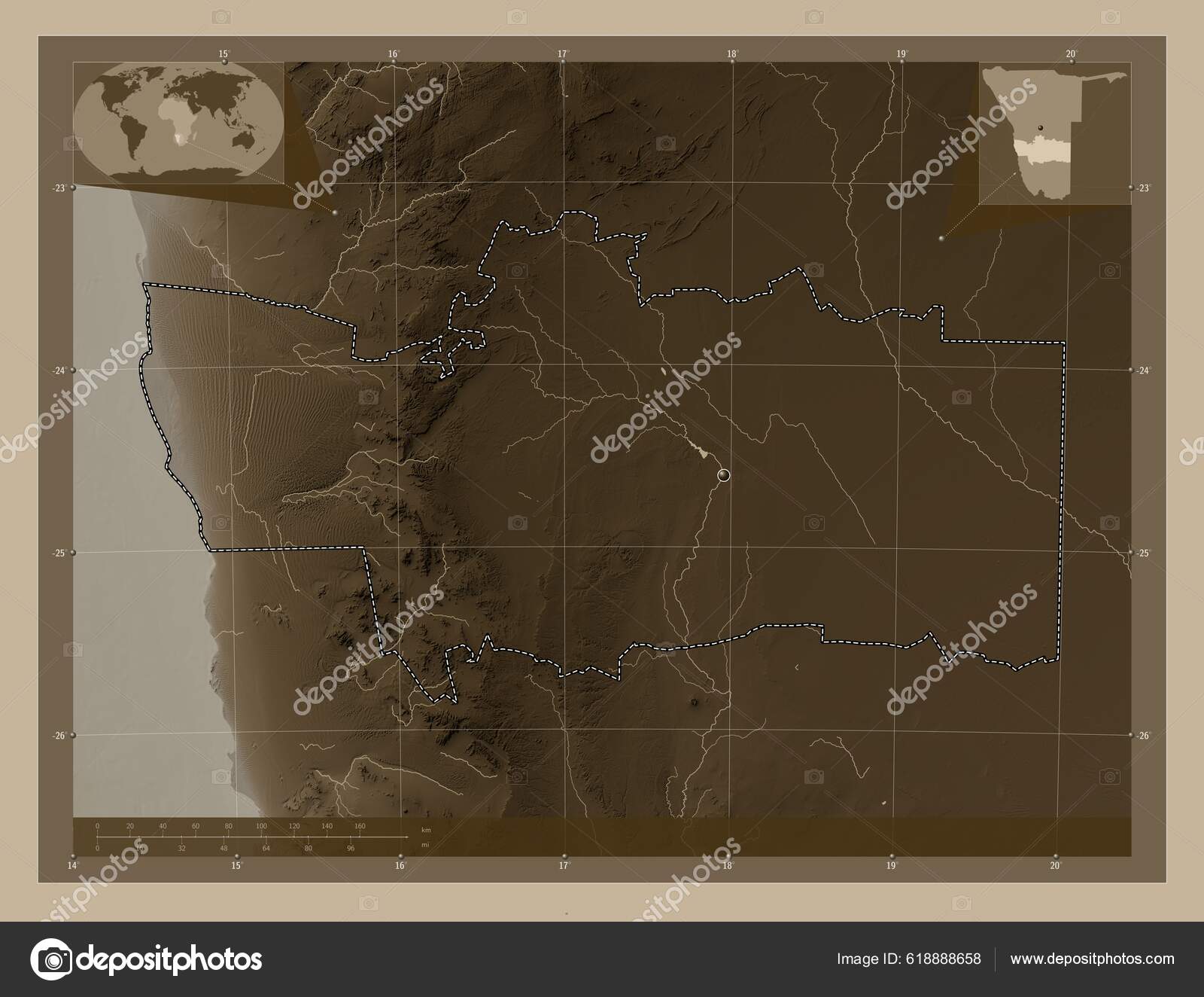 Hardap Region Namibia Elevation Map Colored Sepia Tones Lakes Rivers ...