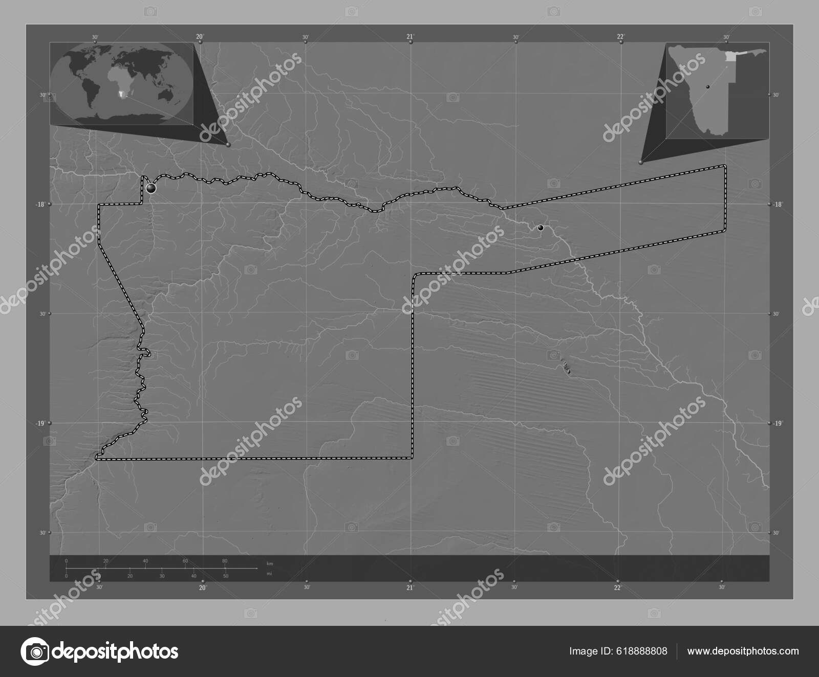 Kavango Este Región Namibia Mapa Elevación Bilevel Con Lagos Ríos ...
