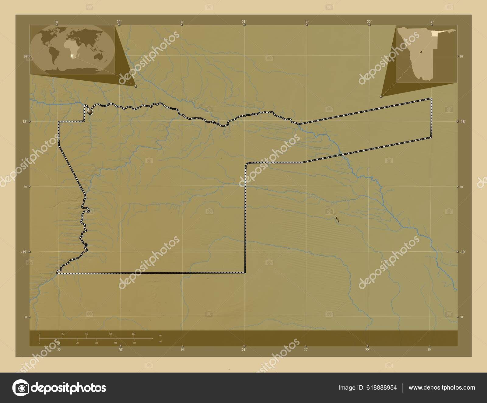 Kavango East Region Namibia Colored Elevation Map Lakes Rivers Corner ...