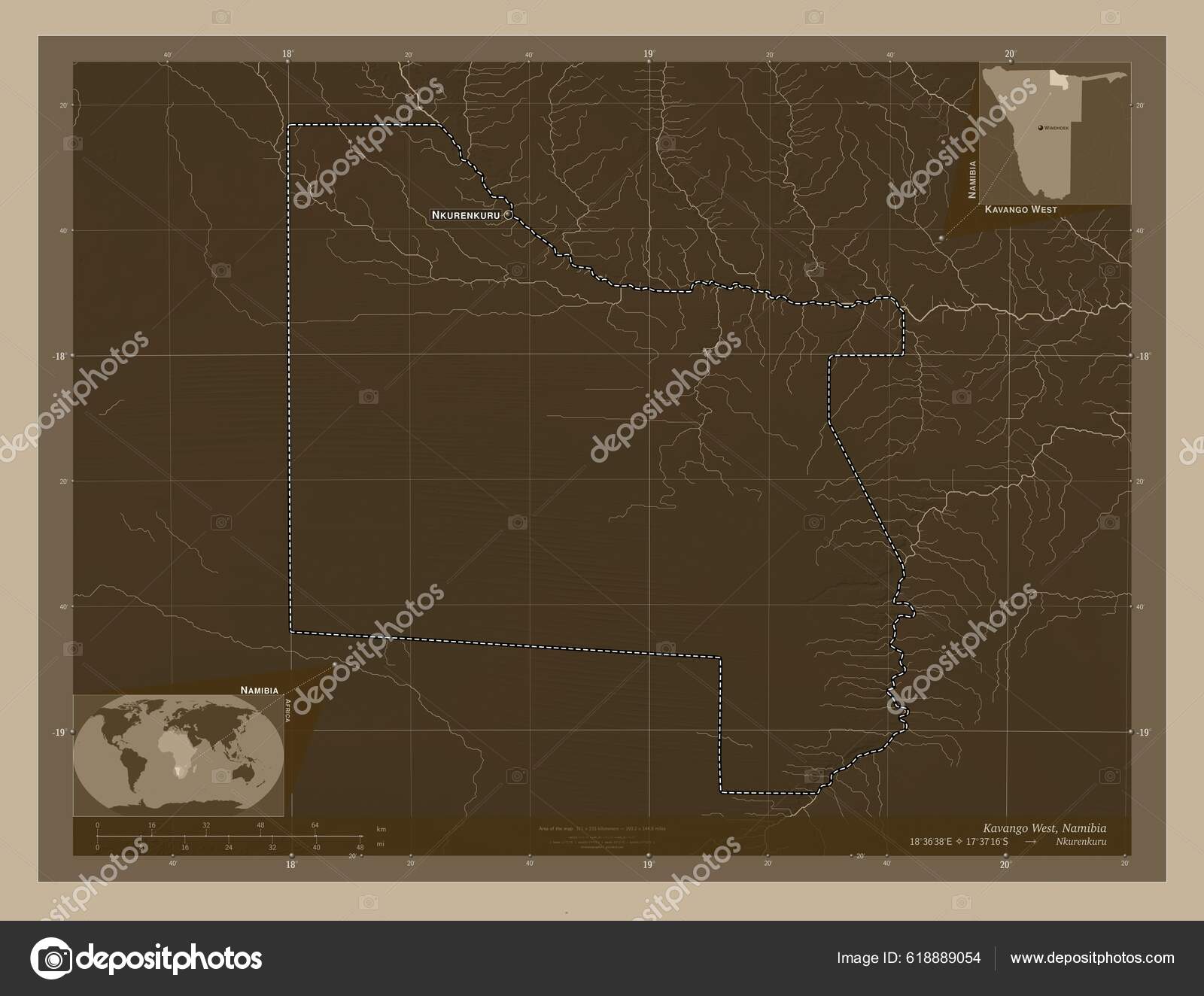 Kavango West Region Namibia Elevation Map Colored Sepia Tones Lakes ...
