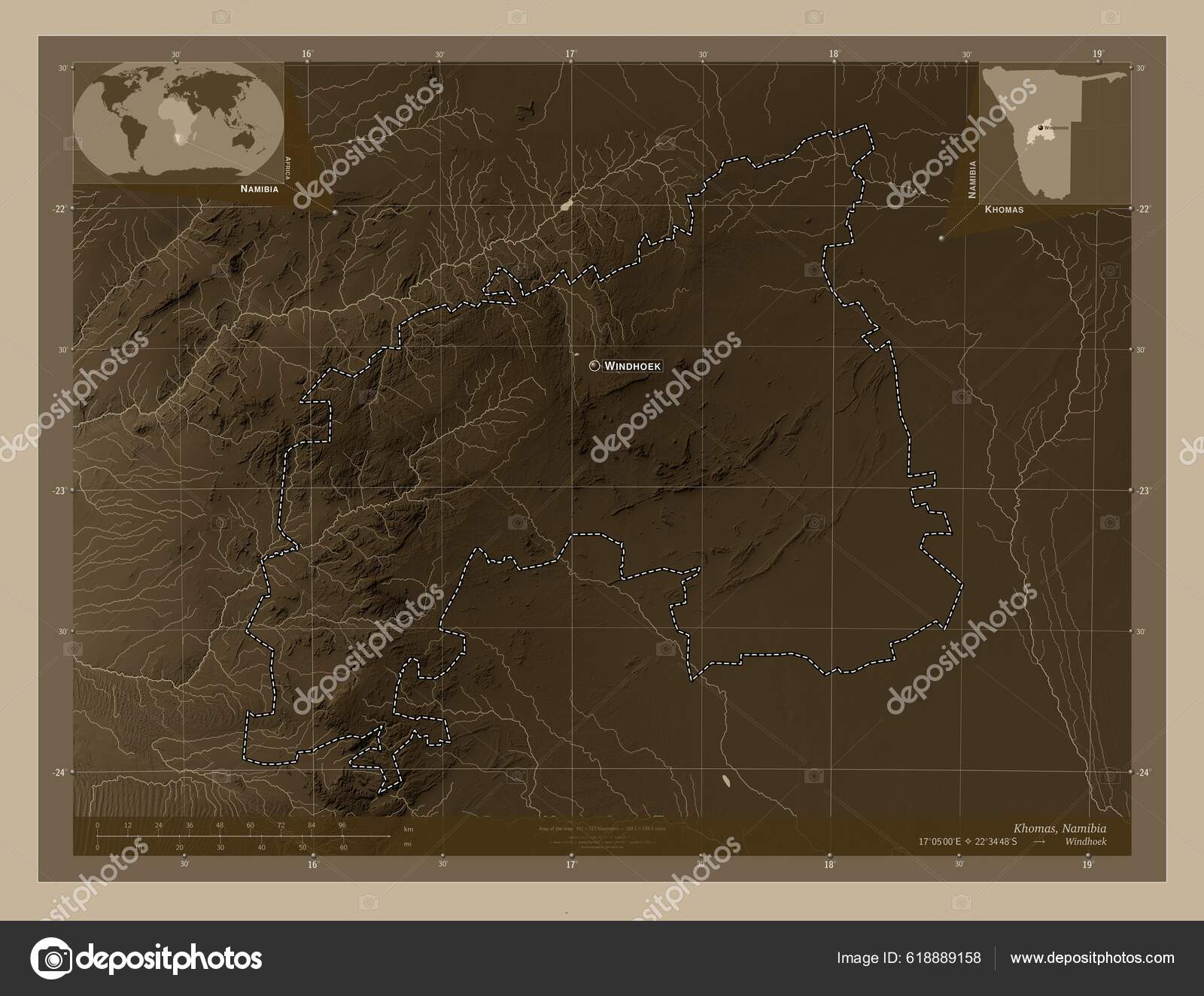 Khomas Region Namibia Elevation Map Colored Sepia Tones Lakes Rivers ...