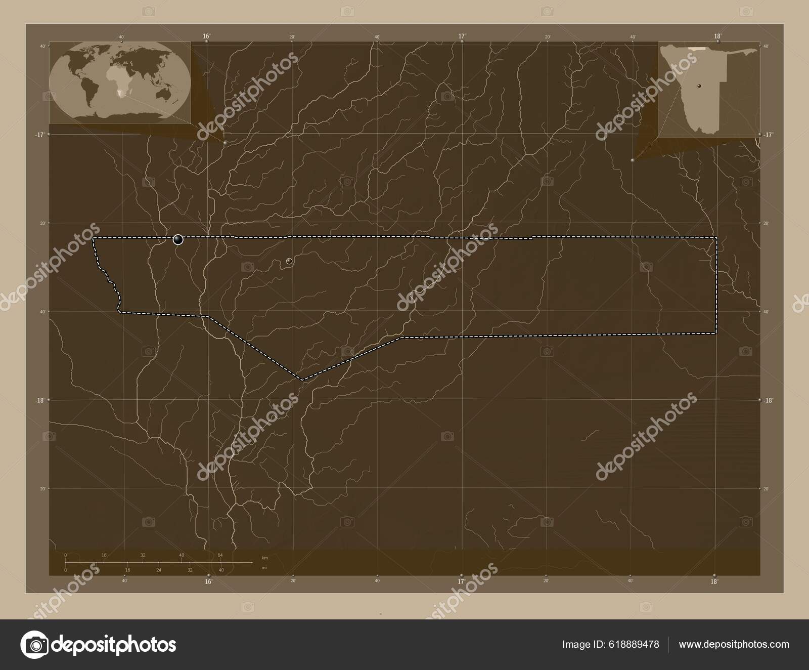 Ohangwena Region Namibia Elevation Map Colored Sepia Tones Lakes Rivers ...