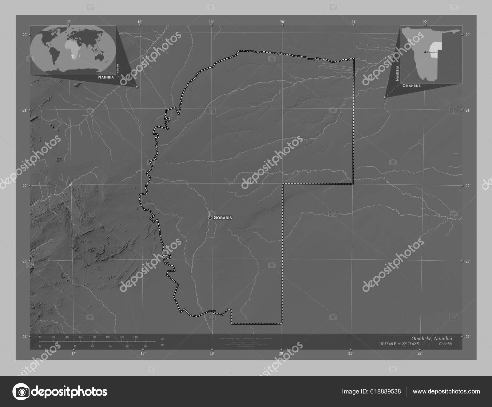 Omaheke Region Namibia Grayscale Elevation Map Lakes Rivers Locations ...