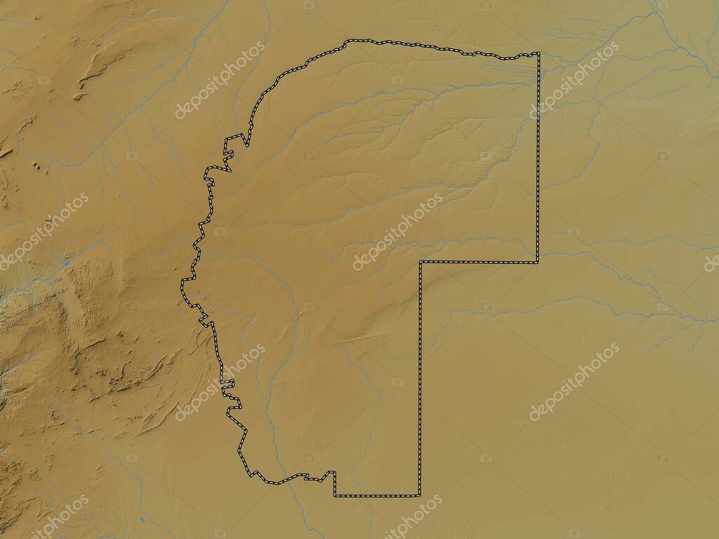 Omaheke, región de Namibia. Mapa de elevación de colores con lagos y ...