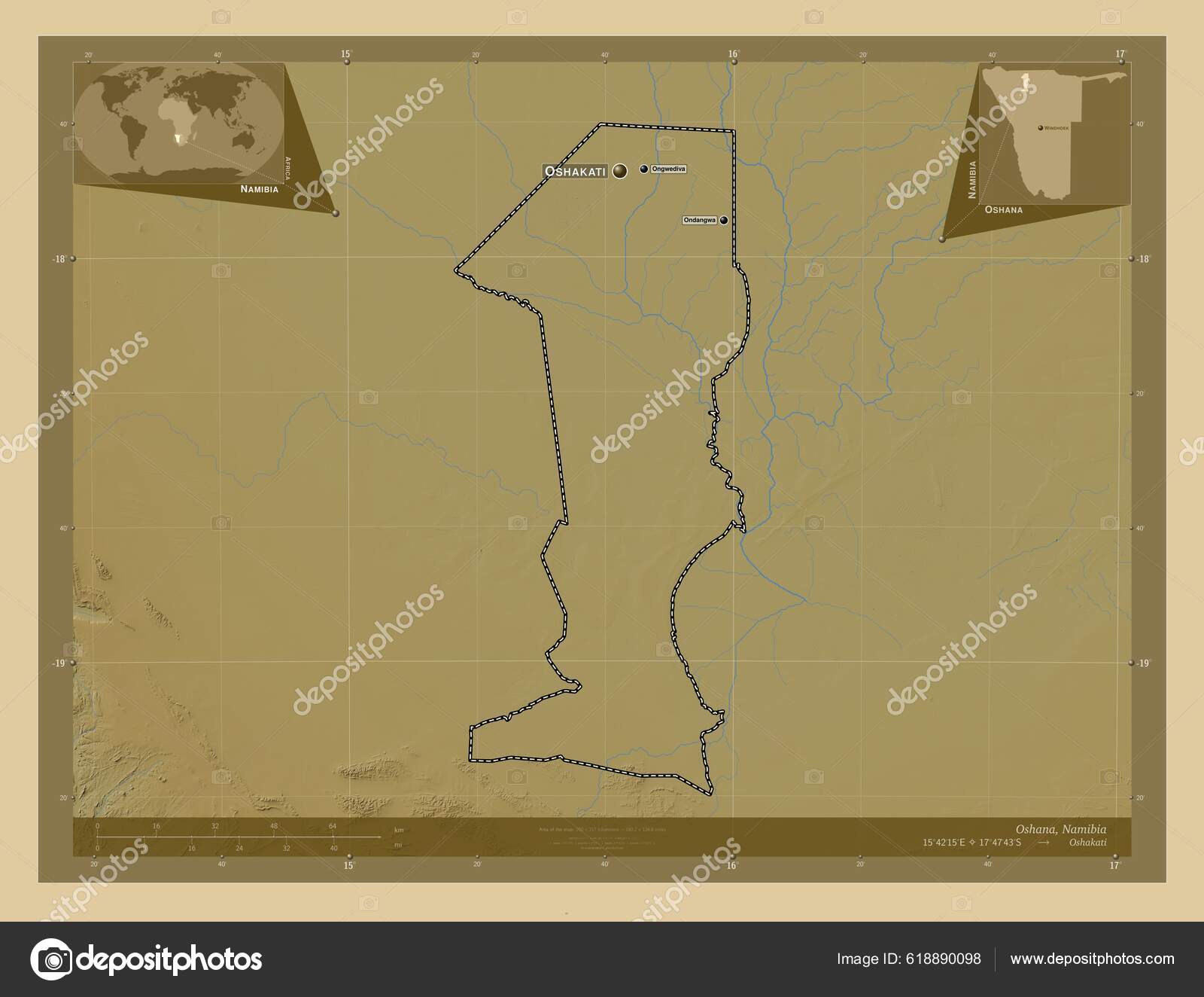 Oshana Región Namibia Mapa Elevación Colores Con Lagos Ríos Ubicaciones ...