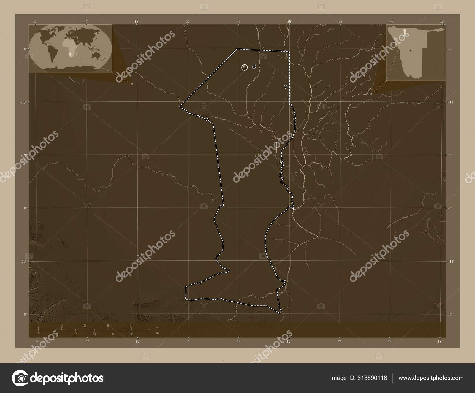 Oshana Region Namibia Elevation Map Colored Sepia Tones Lakes Rivers ...