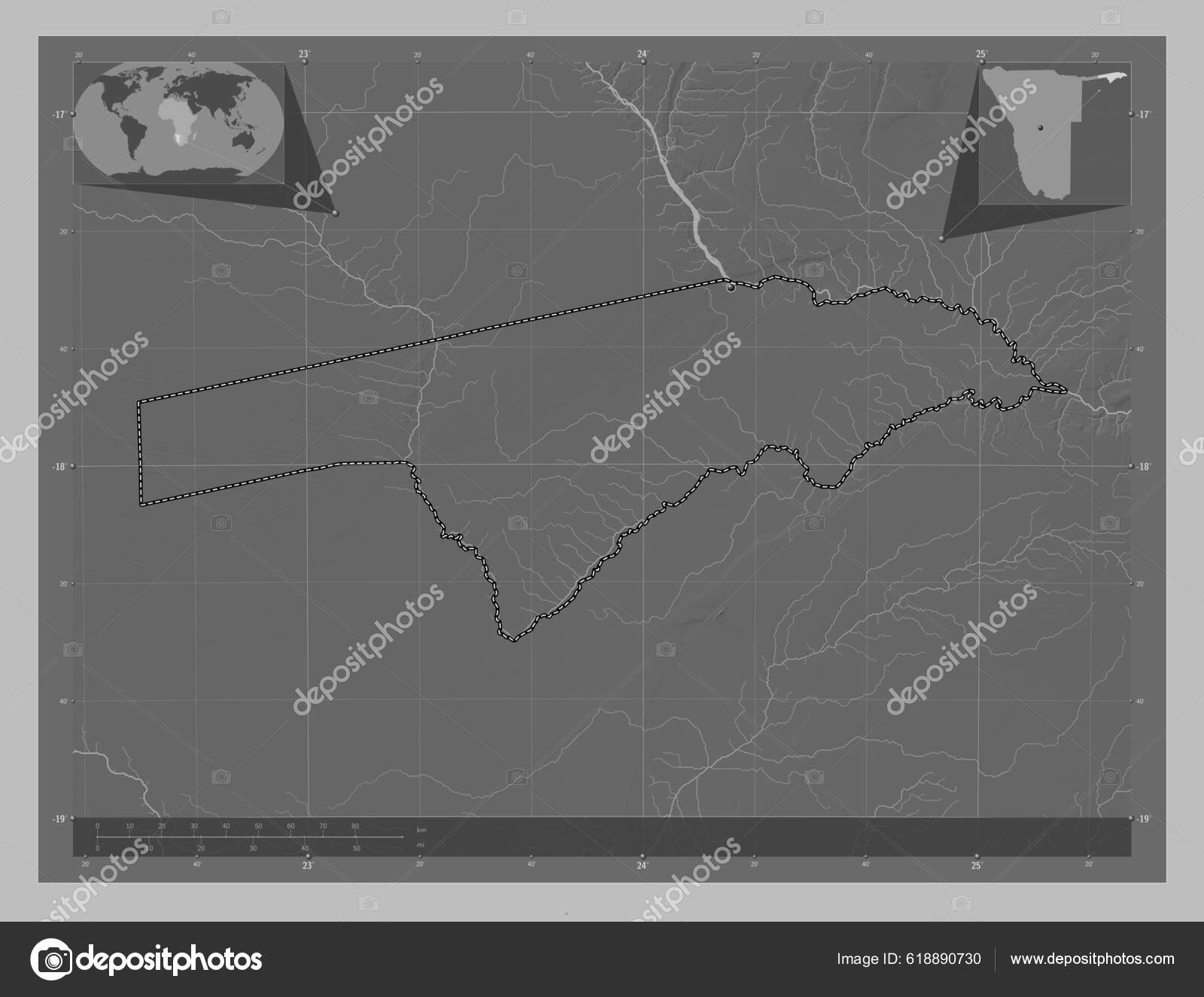 Zambezi Region Namibia Grayscale Elevation Map Lakes Rivers Locations ...