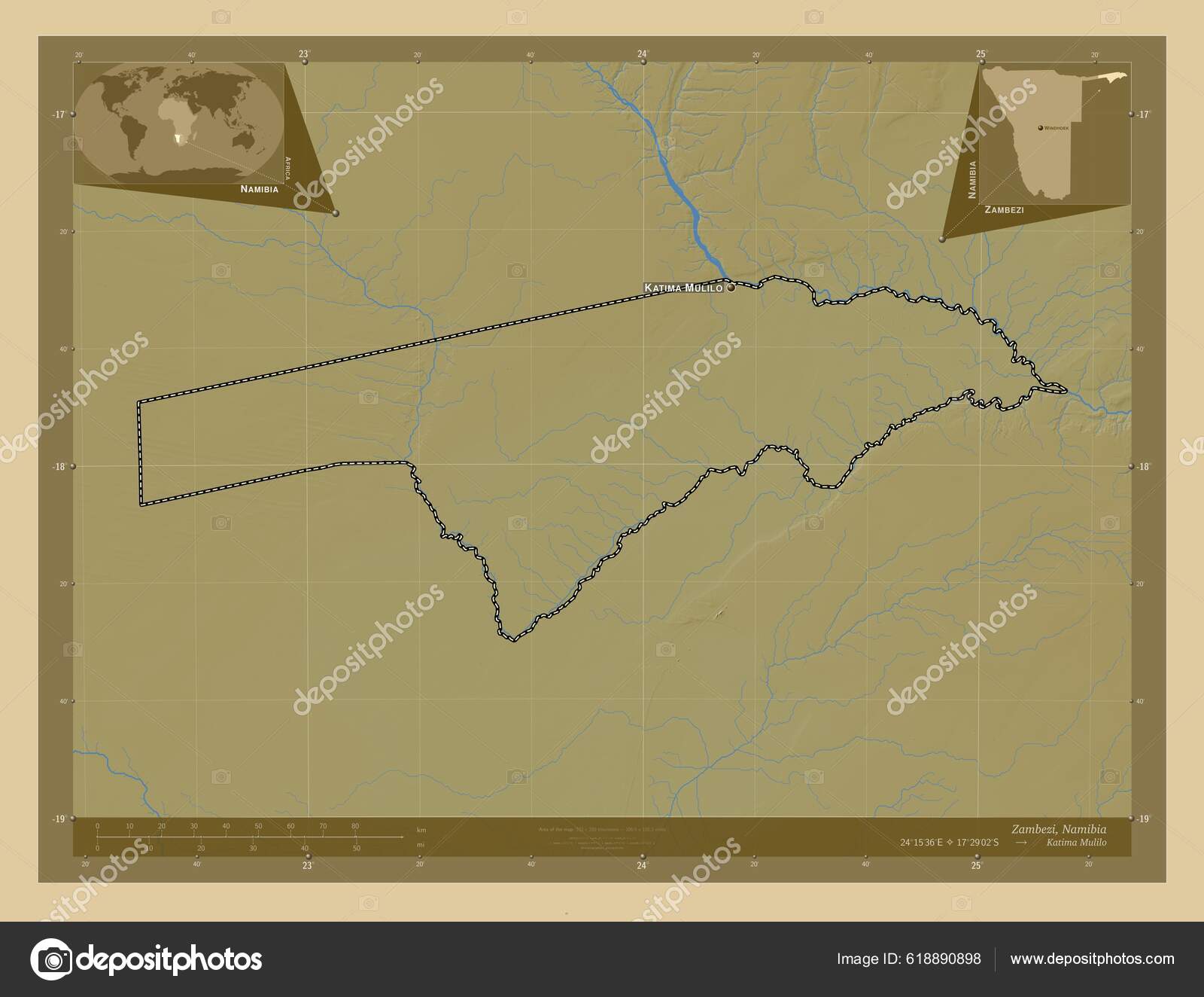 Zambezi Region Namibia Colored Elevation Map Lakes Rivers Locations ...