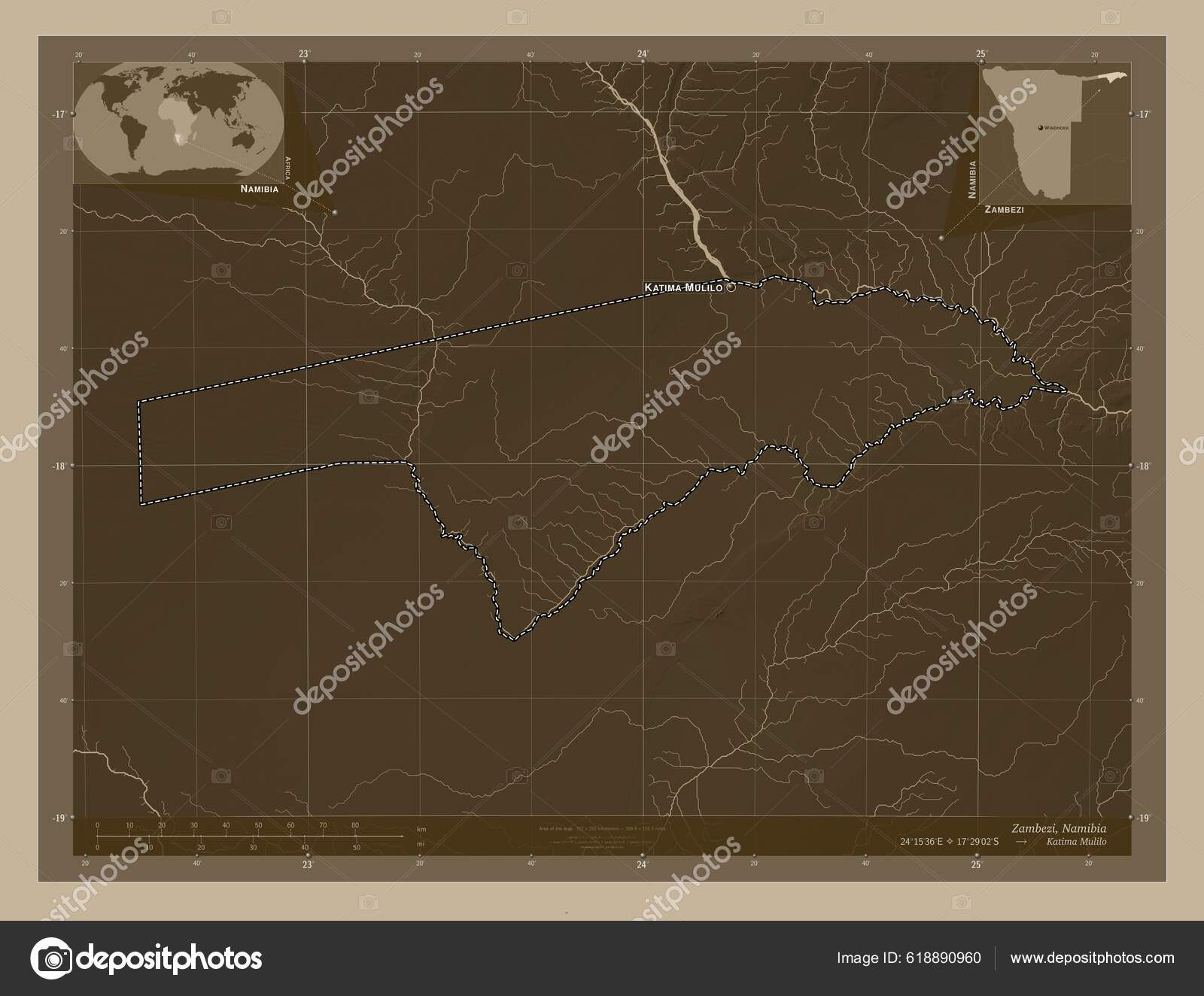 Zambezi Region Namibia Elevation Map Colored Sepia Tones Lakes Rivers ...