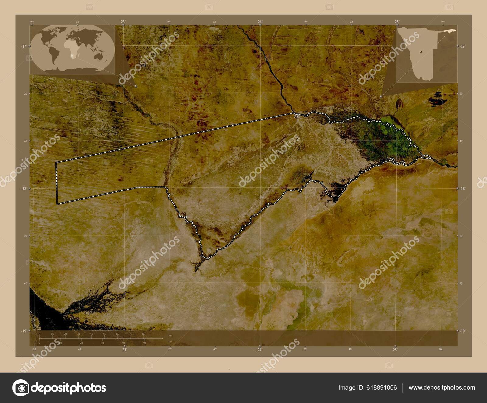 Zambezi Region Namibia Low Resolution Satellite Map Corner Auxiliary ...