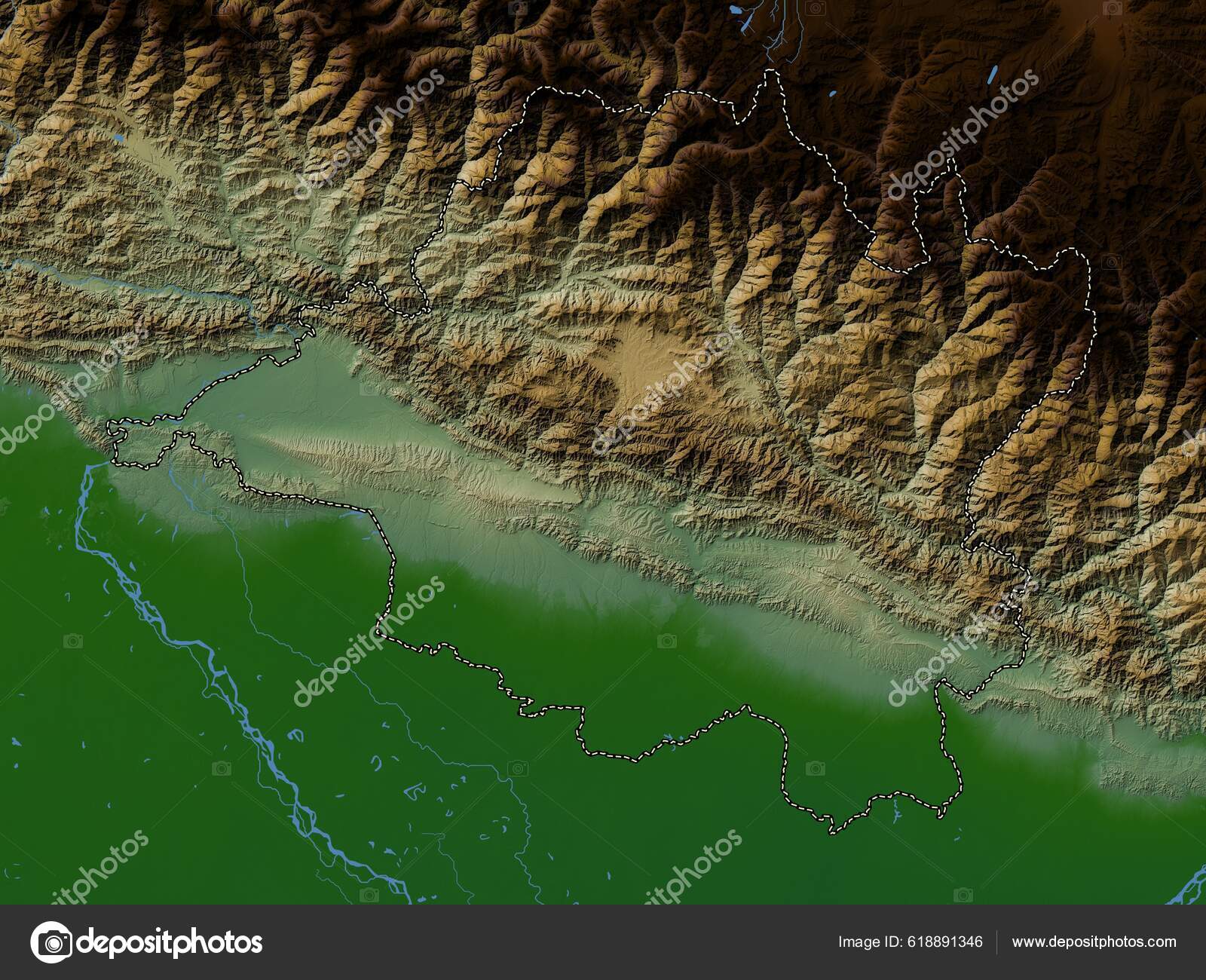 Central Development Region Nepal Colored Elevation Map Lakes Rivers ...