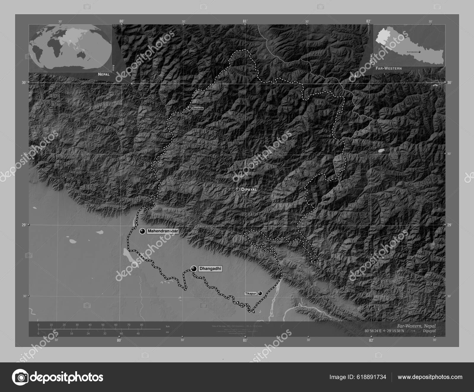Far Western Development Region Nepal Grayscale Elevation Map Lakes ...