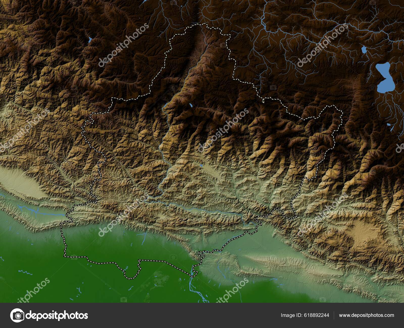 West Development Region Nepal Colored Elevation Map Lakes Rivers ...