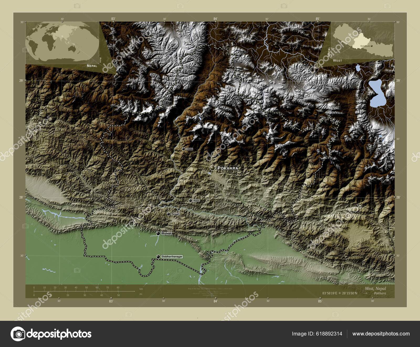 West Development Region Nepal Elevation Map Colored Wiki Style Lakes ...
