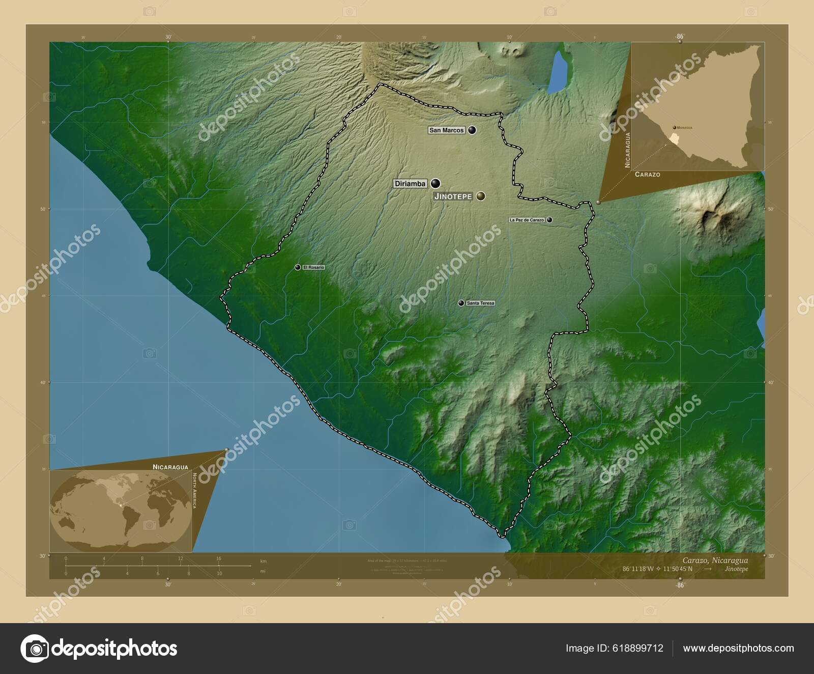 Carazo Department Nicaragua Colored Elevation Map Lakes Rivers ...