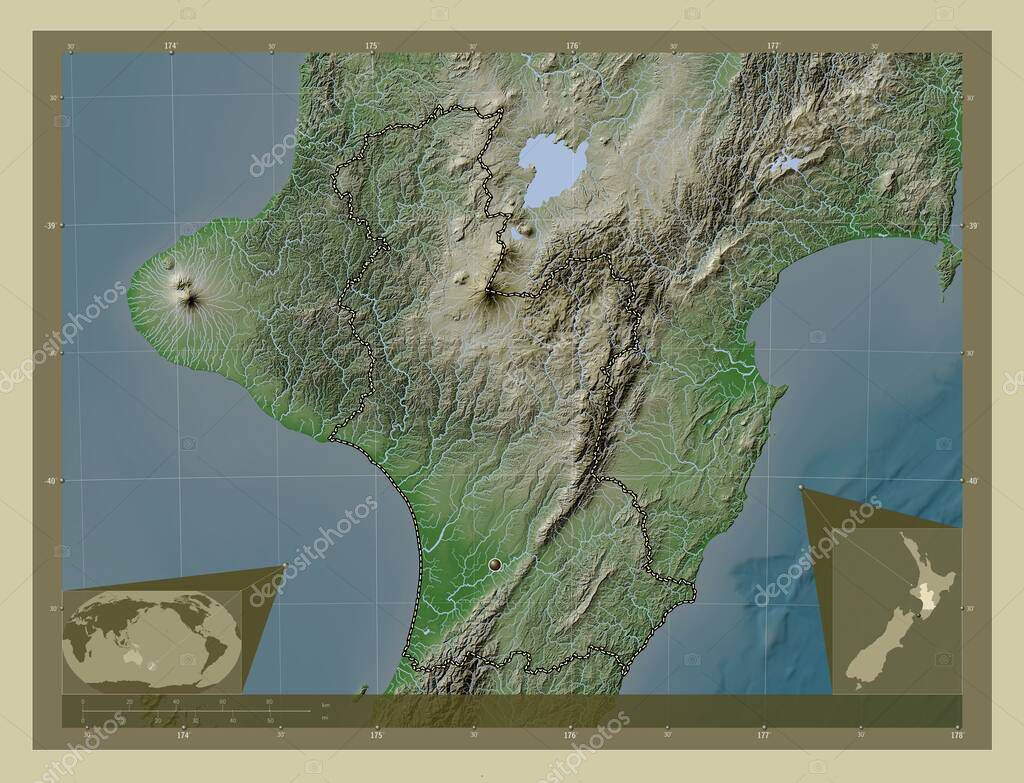 Manawatu-Wanganui, consejo regional de Nueva Zelanda. Mapa de elevación ...